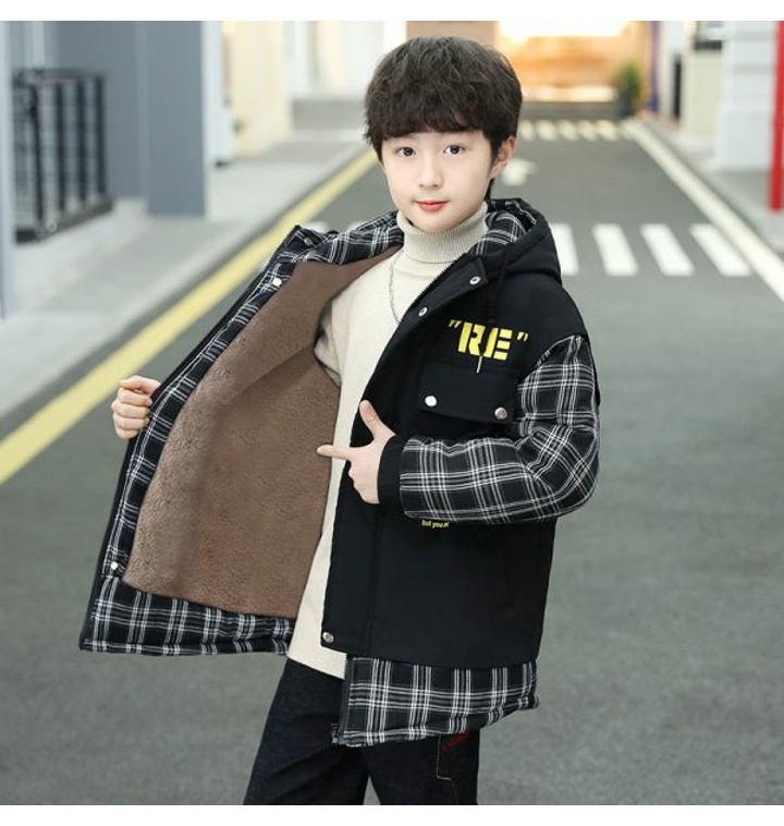 남아 가을 겨울 체크 무늬 패딩 재킷 어린이 양털 따뜻한 후드 집업 코트 티몬