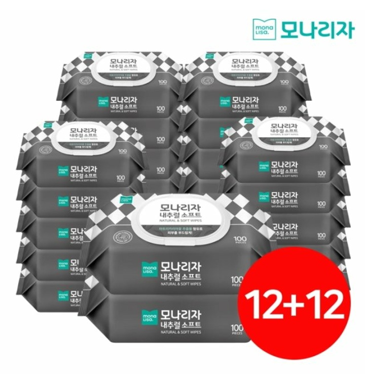 모나리자 내추럴 소프트 물티슈 캡형 100매 12개 12개[총24개] 티몬